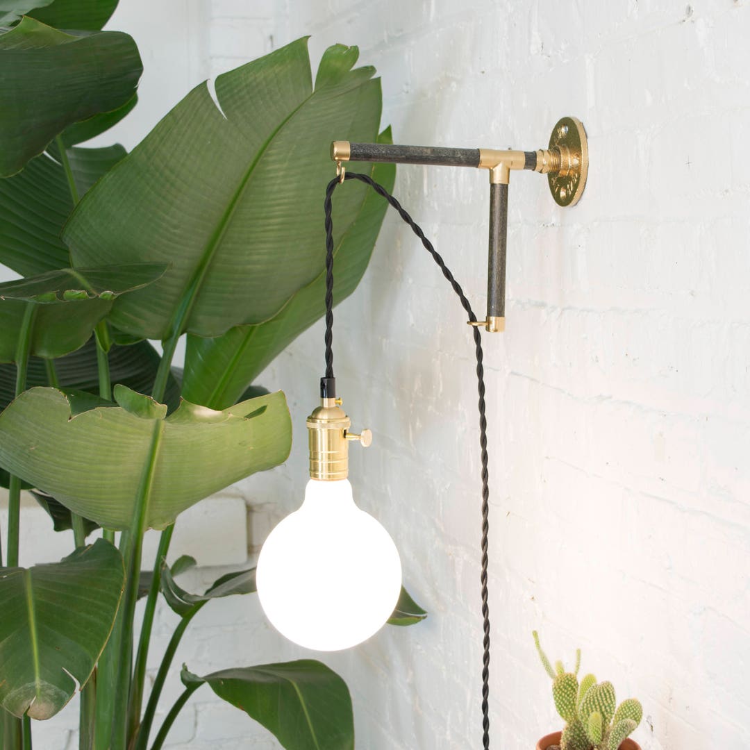 Custom Plug in Wall Sconce Modern Wood Industrial Pipe Brass Black ...