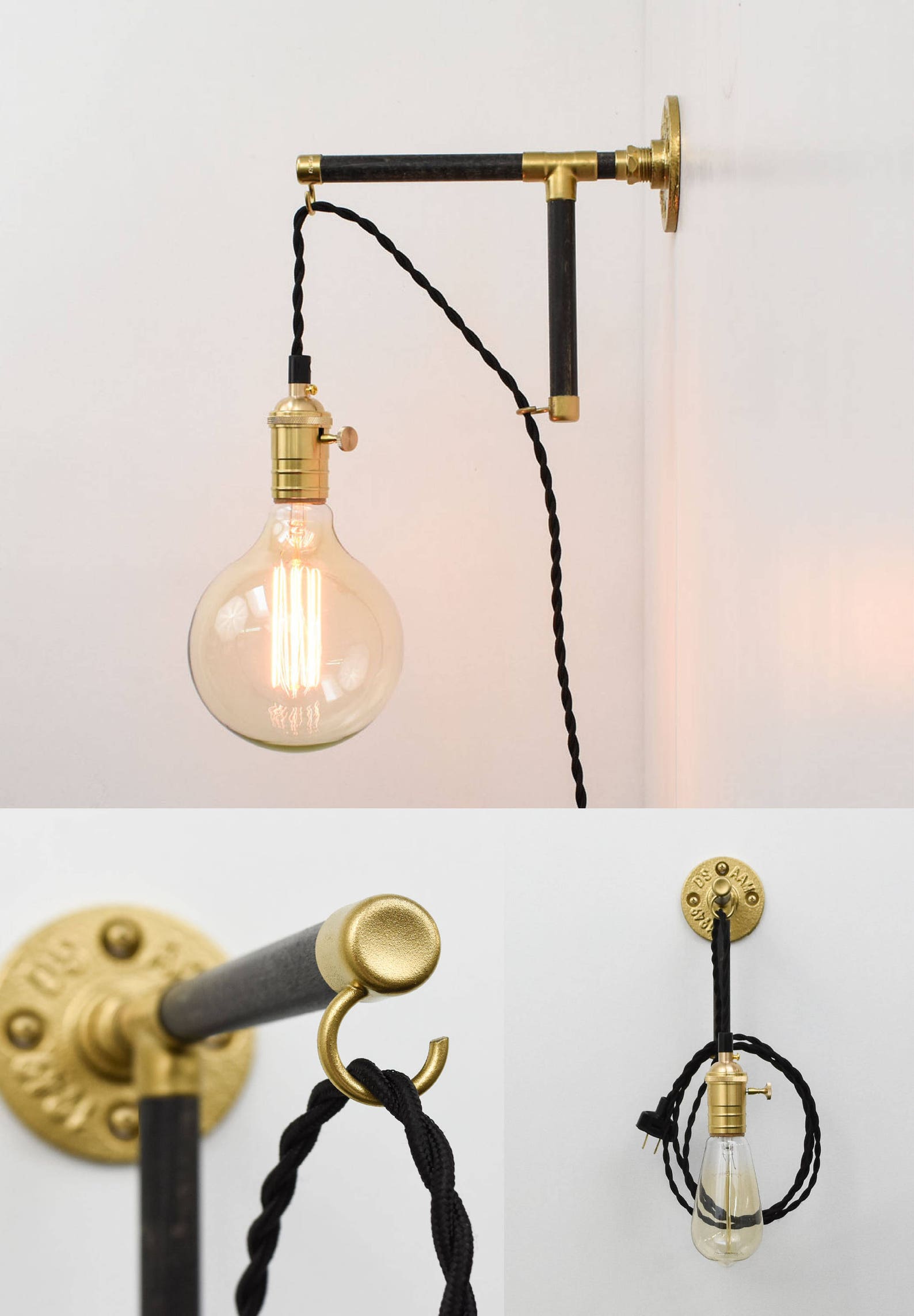 Custom Wall Sconce Modern Wood Industrial Pipe Brass Copper Black White ...
