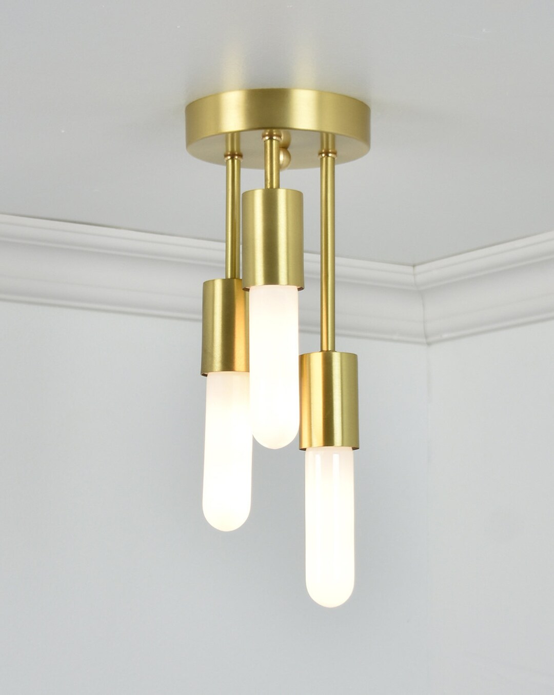 Brass Ceiling Light Triple Flush Mount - Three Bulb Ceiling Mount Light ...