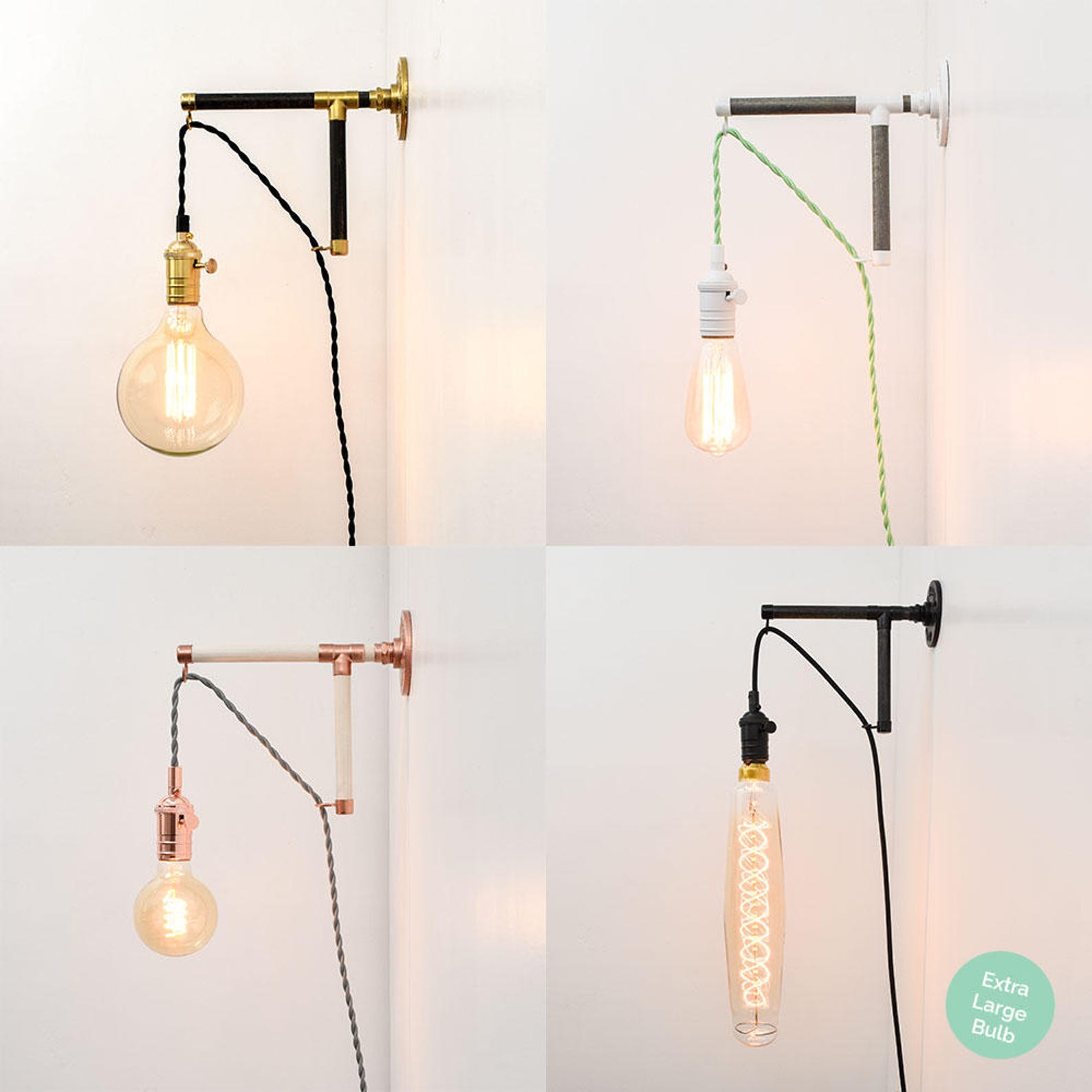 Custom Wall Sconce Modern Wood Industrial Pipe Brass Copper Black White ...