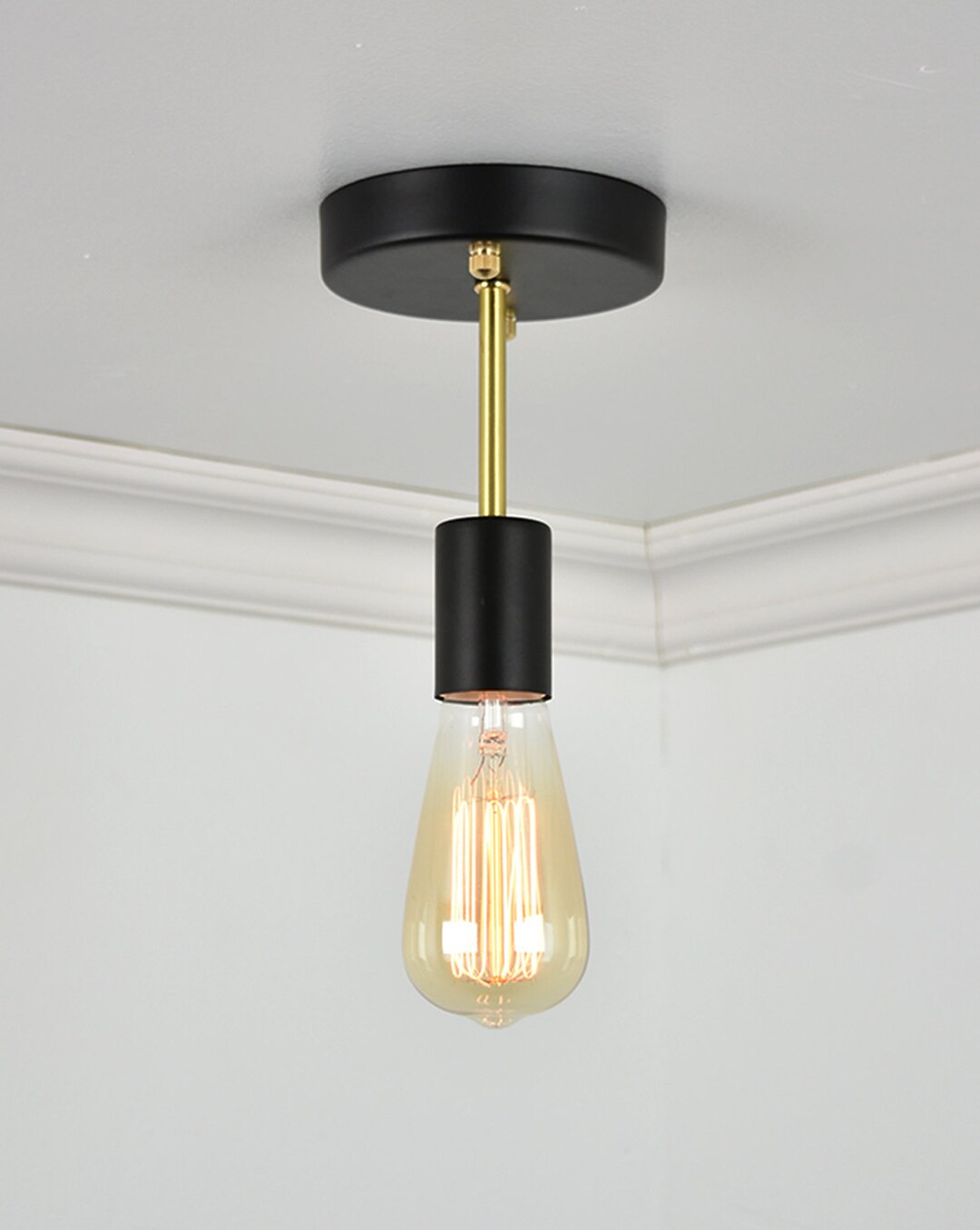 Semi Flush Mount Ceiling Light - 6" Long Stem - Black and Brass Custom ...