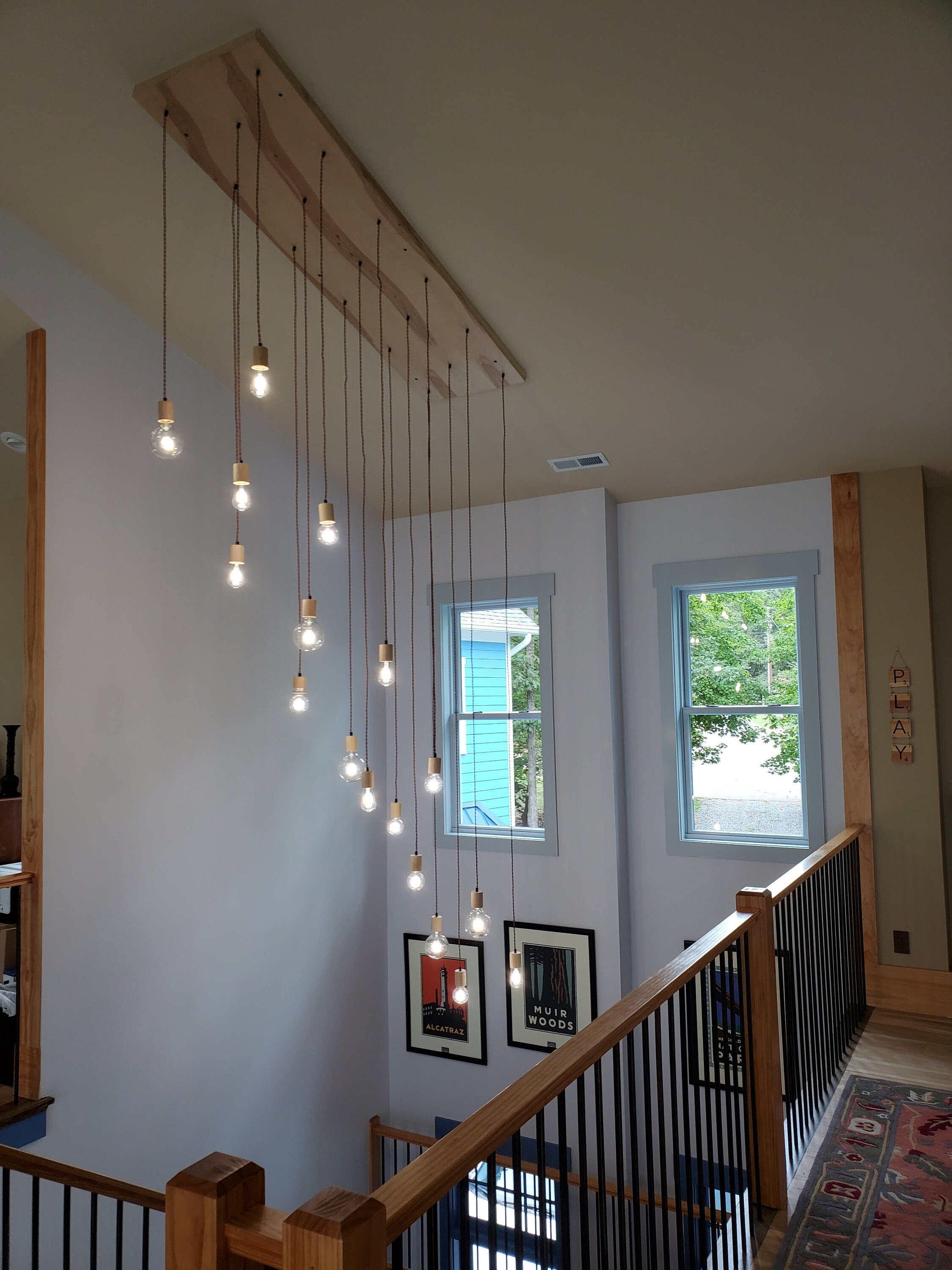 Cascading Foyer Stairway Chandelier 17 Pendant Chandelier Modern Rustic Wood Fixture Lighting LED Globes Long Chandelier Etsy
