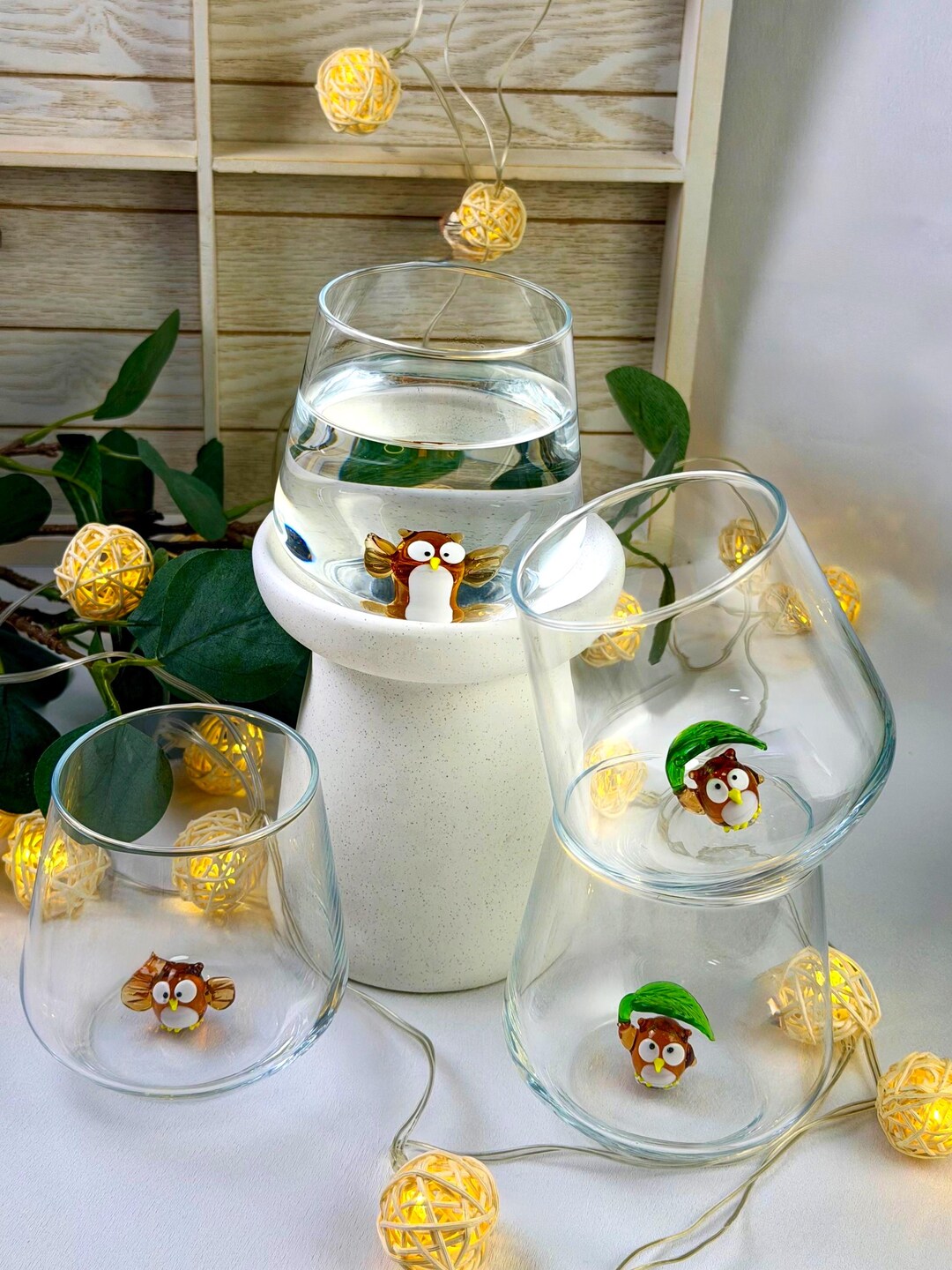 Handmade Owl Figurine Glass Set (2) – Murano Style Brown Owls, Leaf ...