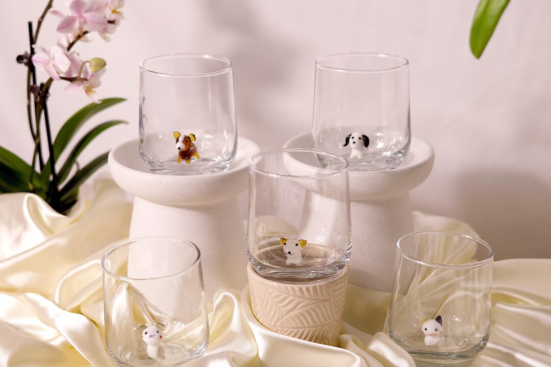 Murano Style Dog Figurine Glass Set - Engraved Stemless Wine Glasses ...