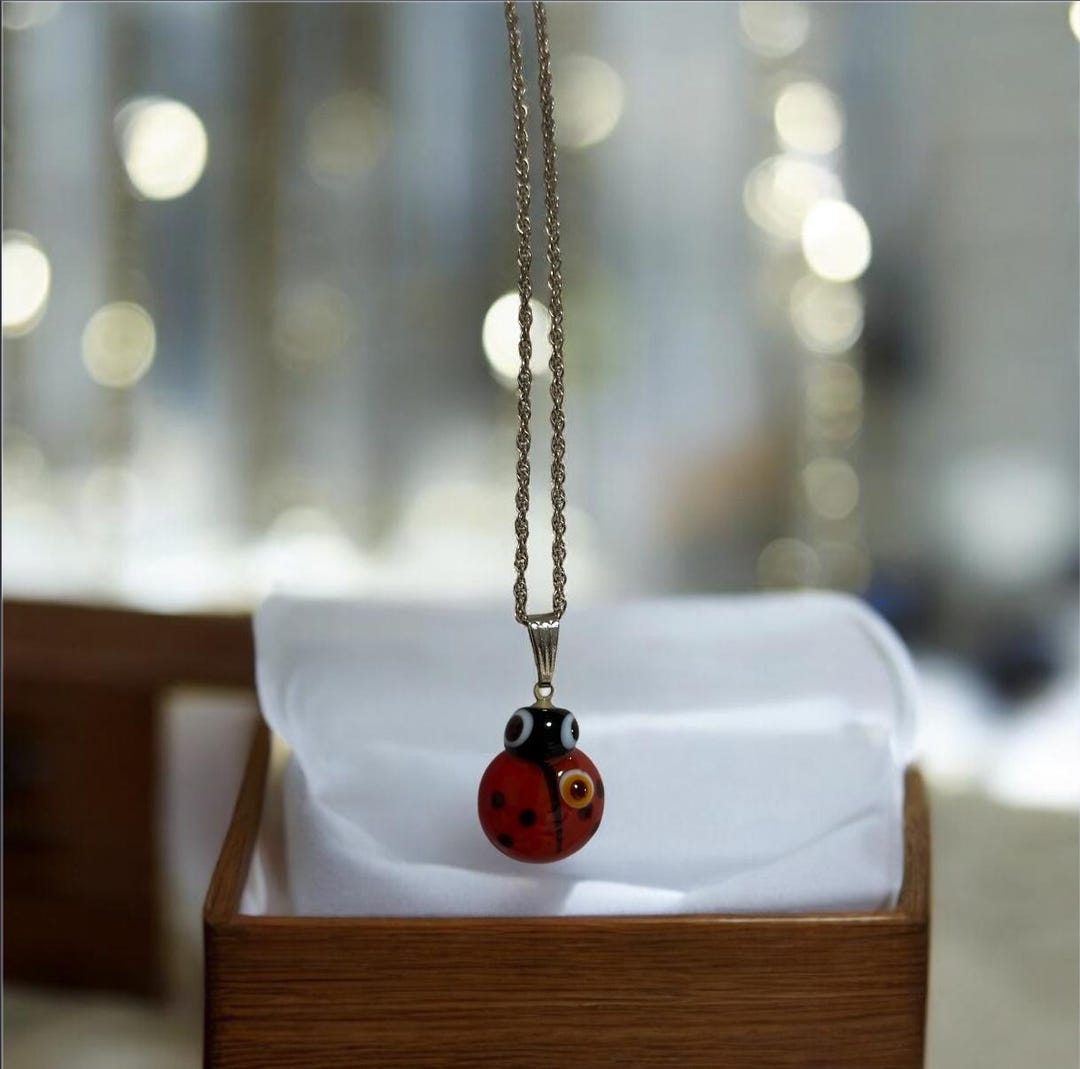 Handmade Murano Style Ladybug Glass Pendant- RED & Black Charm Necklace ...