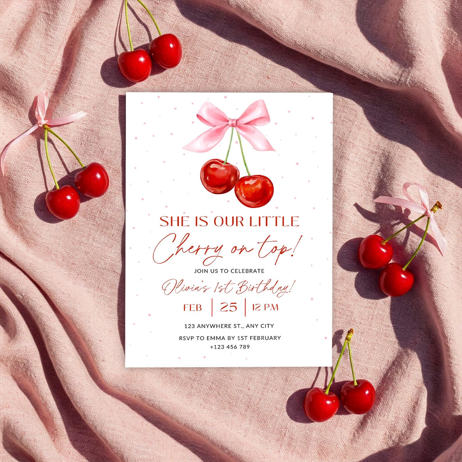 Editable Cherry on Top Invite, Cherry Birthday Invitation, Girl 1st ...