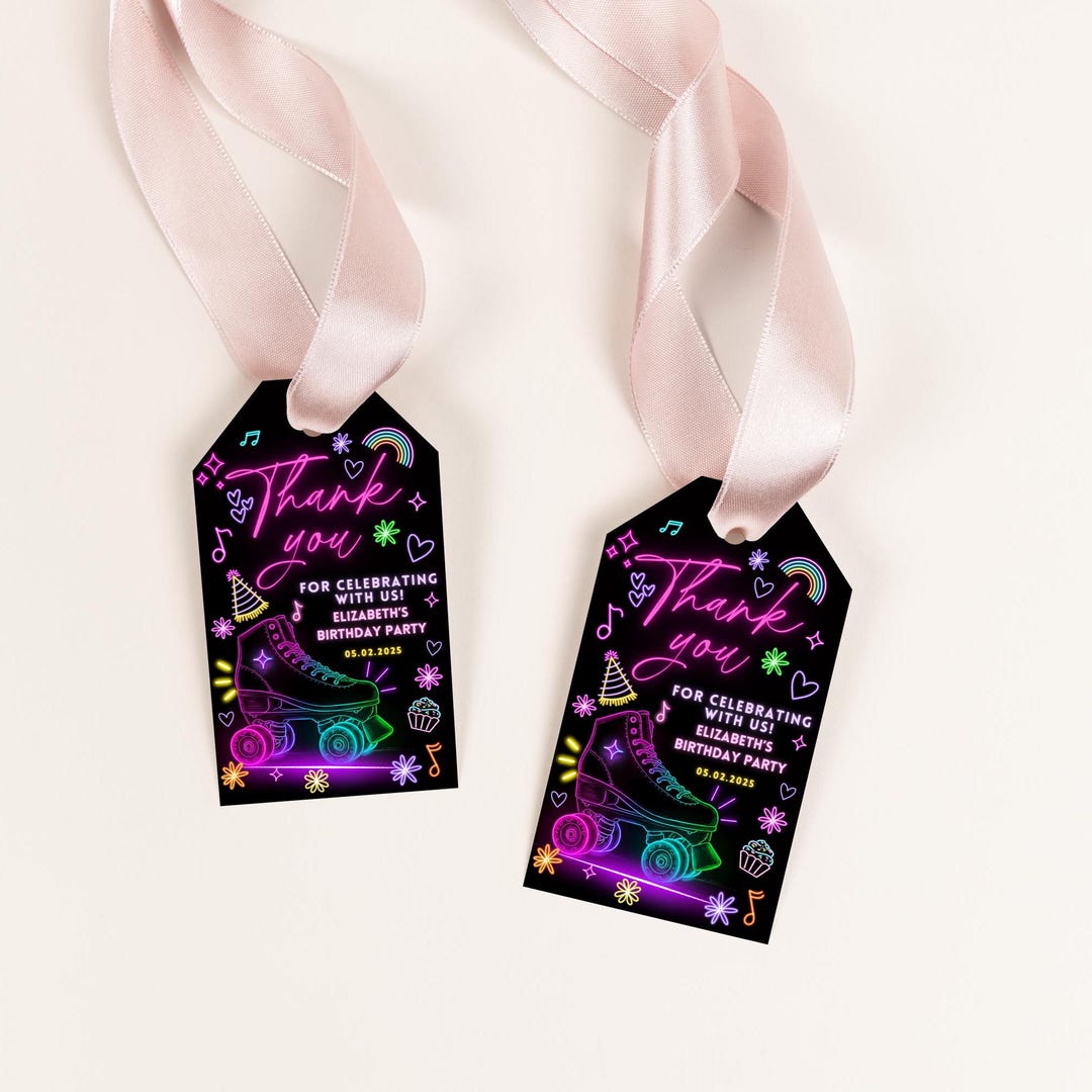 Editable Roller Skating Favor Tags, Glow Roller Skate Party Favor Tags ...