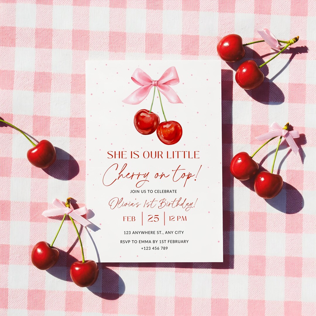 Cherry Birthday Invitation, Cherry on Top Invite, Girl 1st Birthday ...