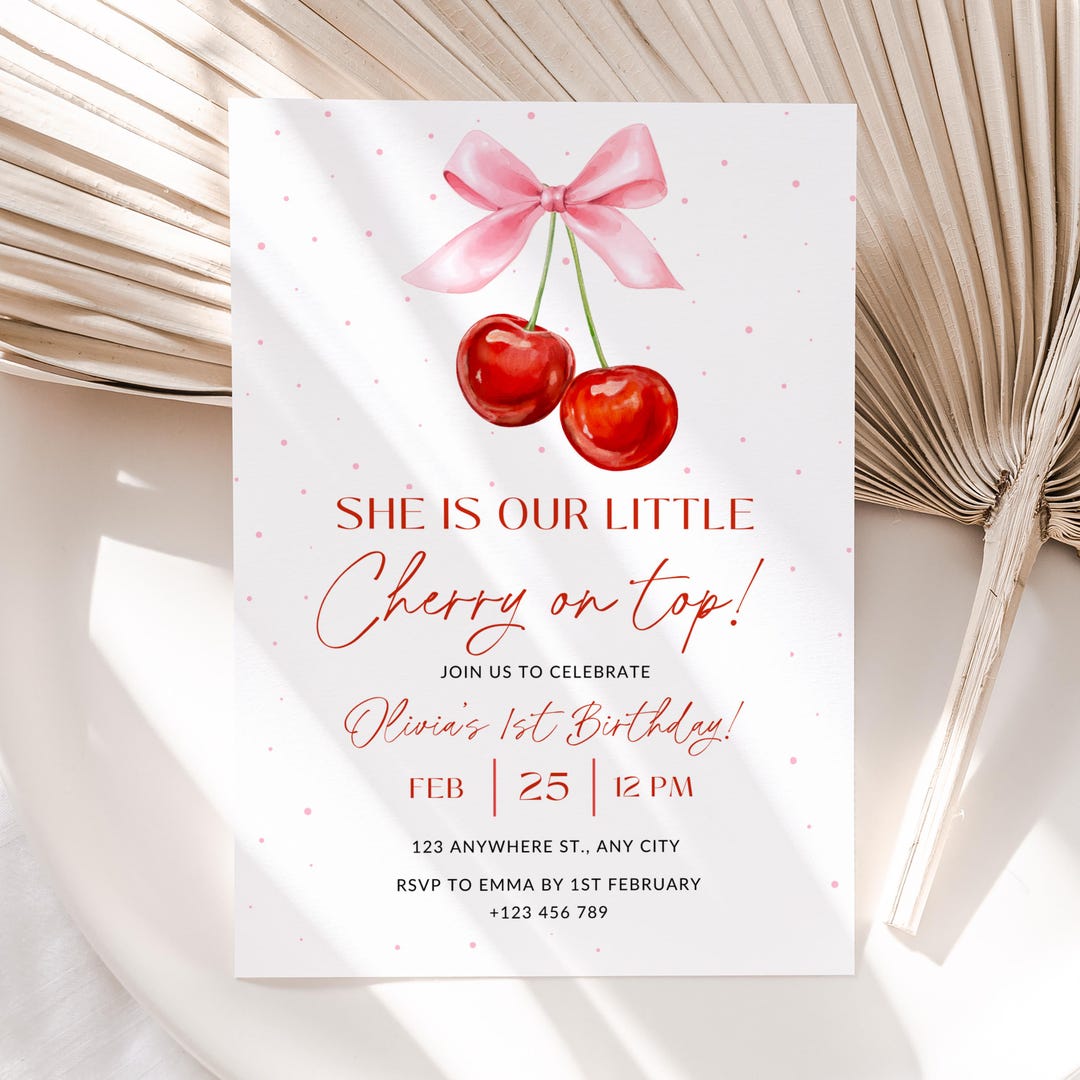 Editable Cherry on Top Invite, Cherry Birthday Invitation, Girl 1st ...