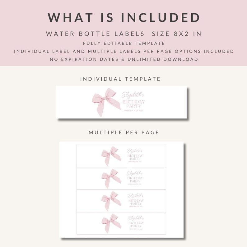 Editable Bow Water Bottle Labels, Pink Bow Birthday Labels, Printable ...