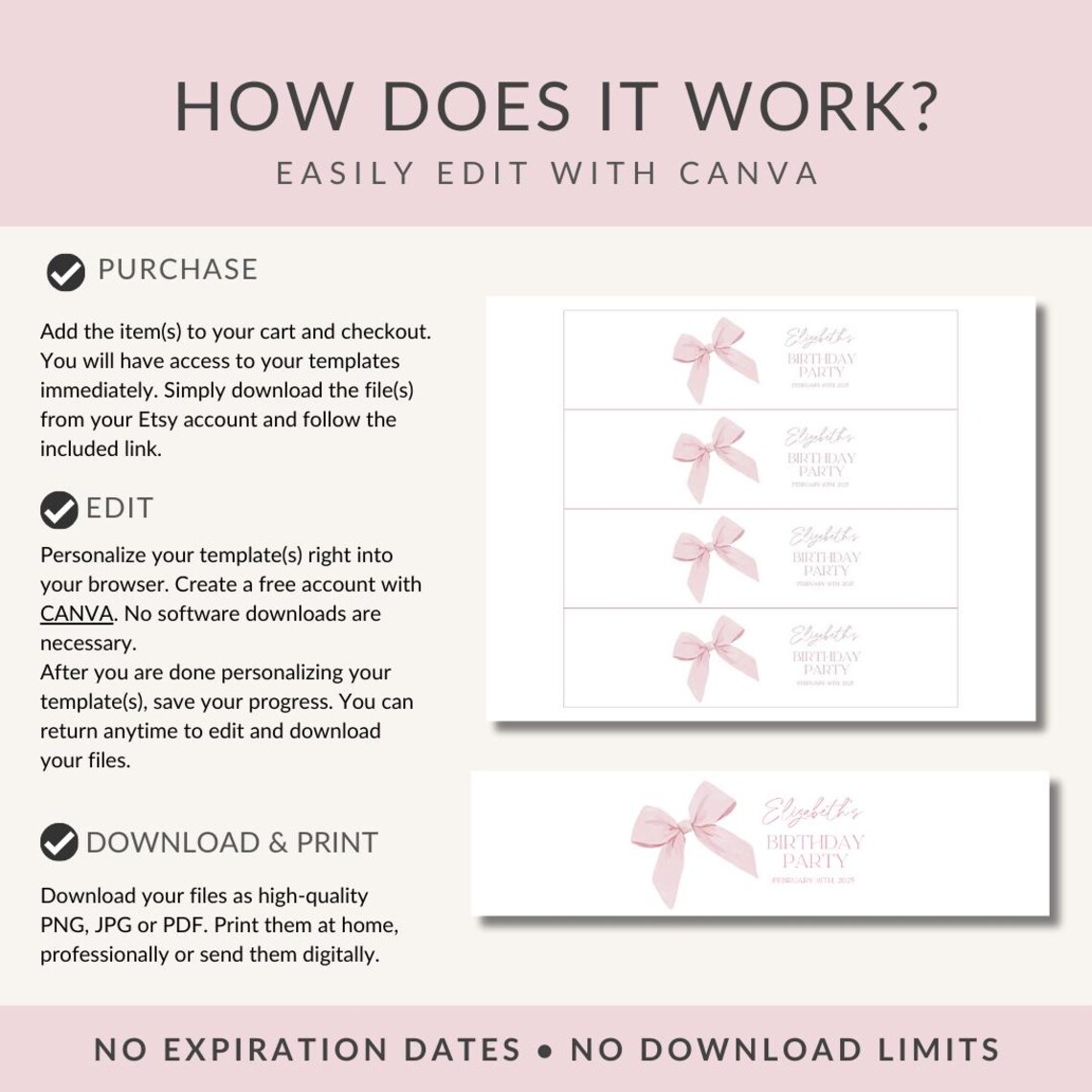 Editable Bow Water Bottle Labels, Pink Bow Birthday Labels, Printable ...