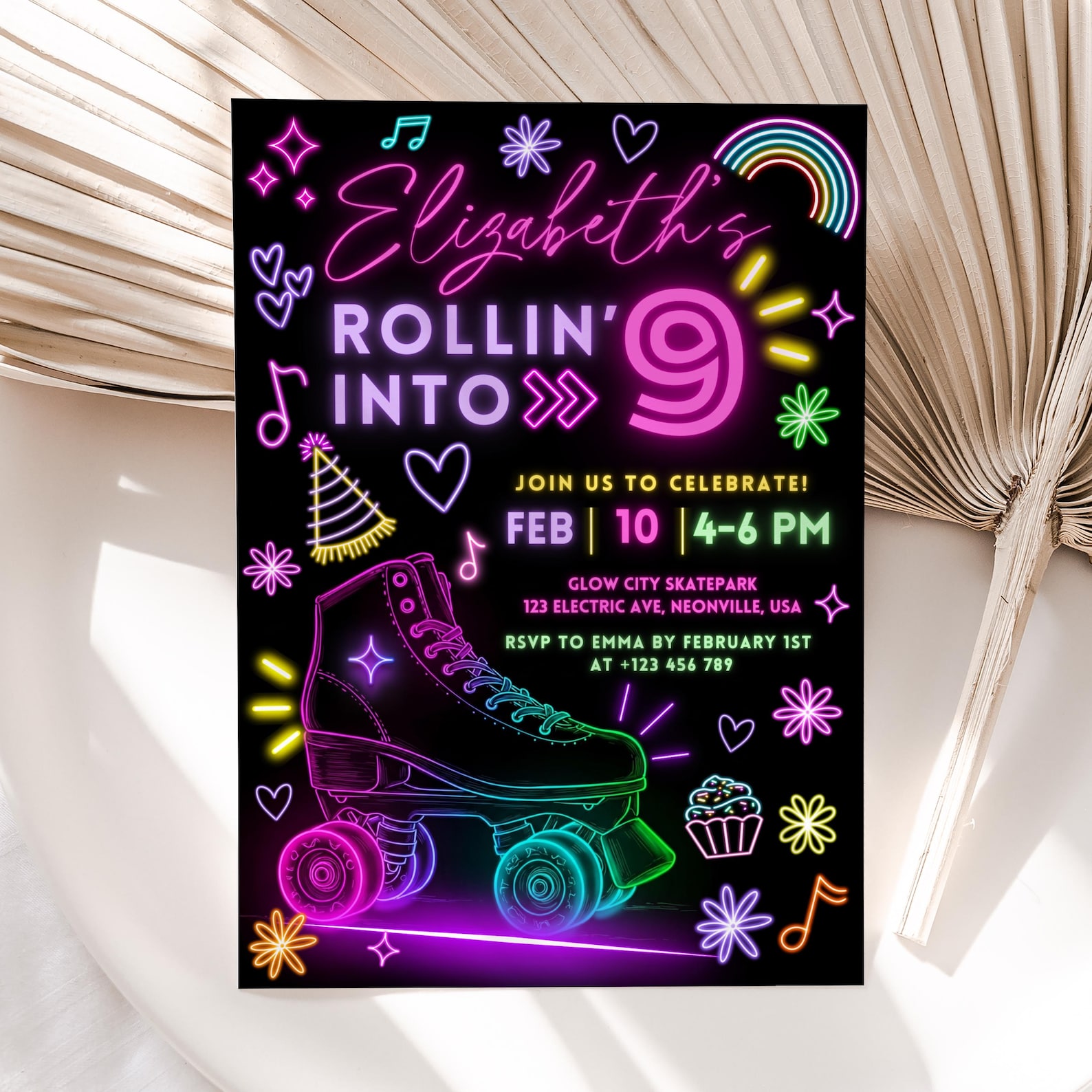 Editable Roller Skates Birthday Invitation, Glow Roller Skating Party ...