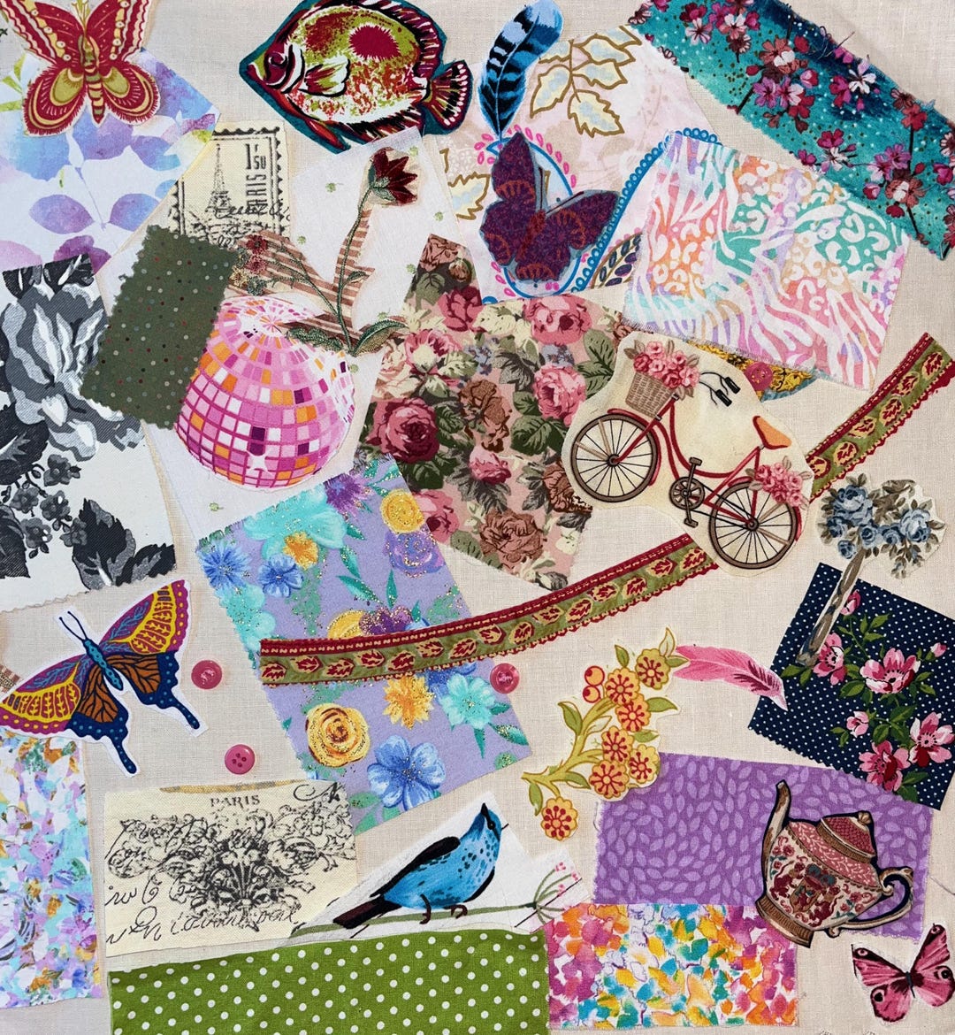 Slow Stitch Collage Kit Flowers Butterflies Bicycle Teapot Colorful ...