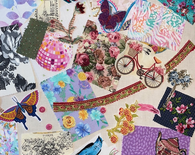 Slow Stitch Collage Kit Flowers Butterflies Bicycle Teapot Colorful ...
