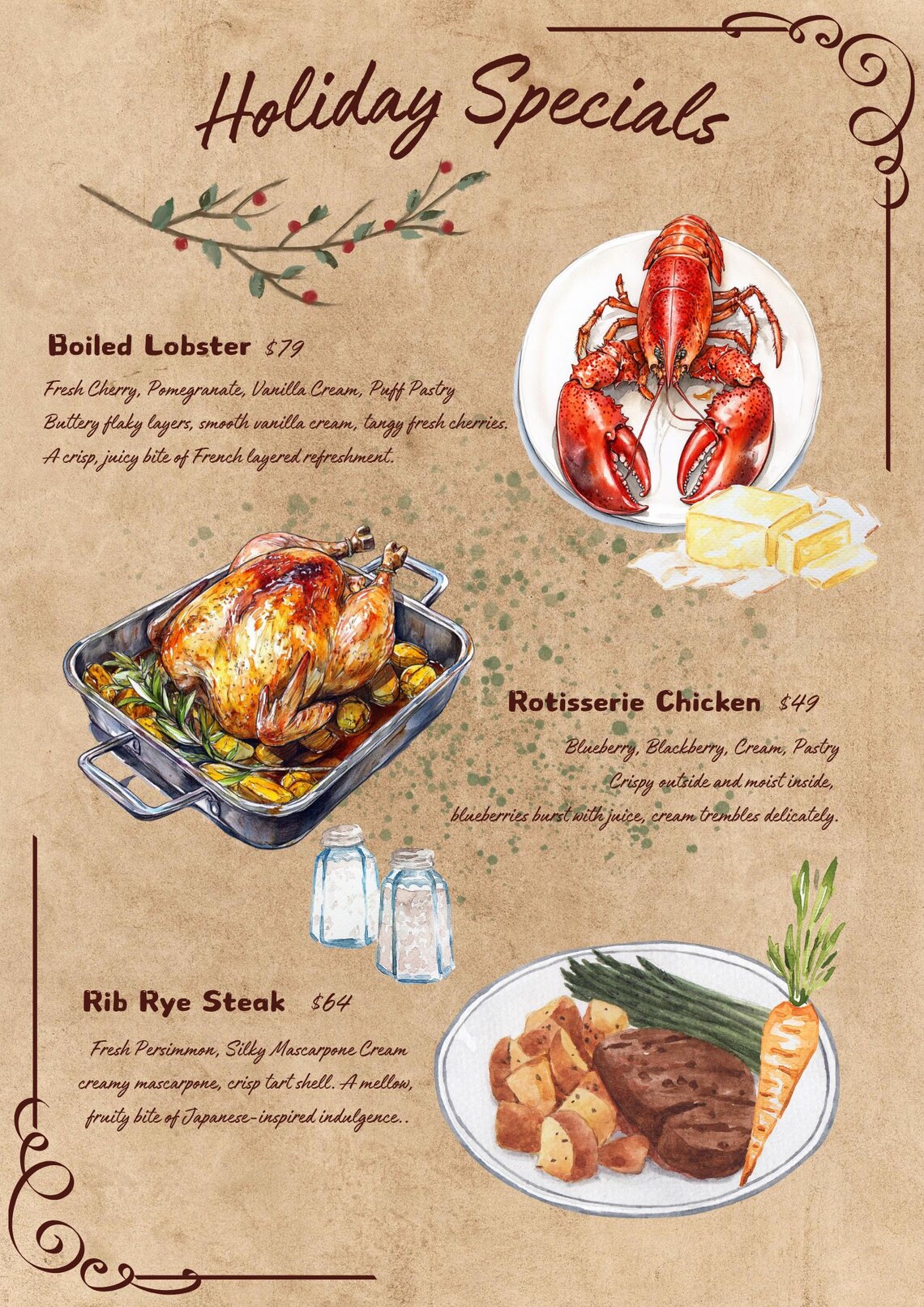 Vintage Watercolor Christmas Menu Template | US Letter (digital ...