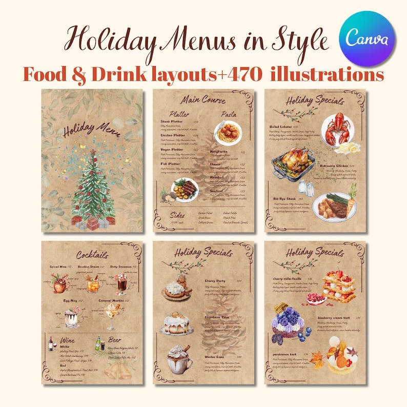 Vintage Watercolor Christmas Menu Template | US Letter (digital ...
