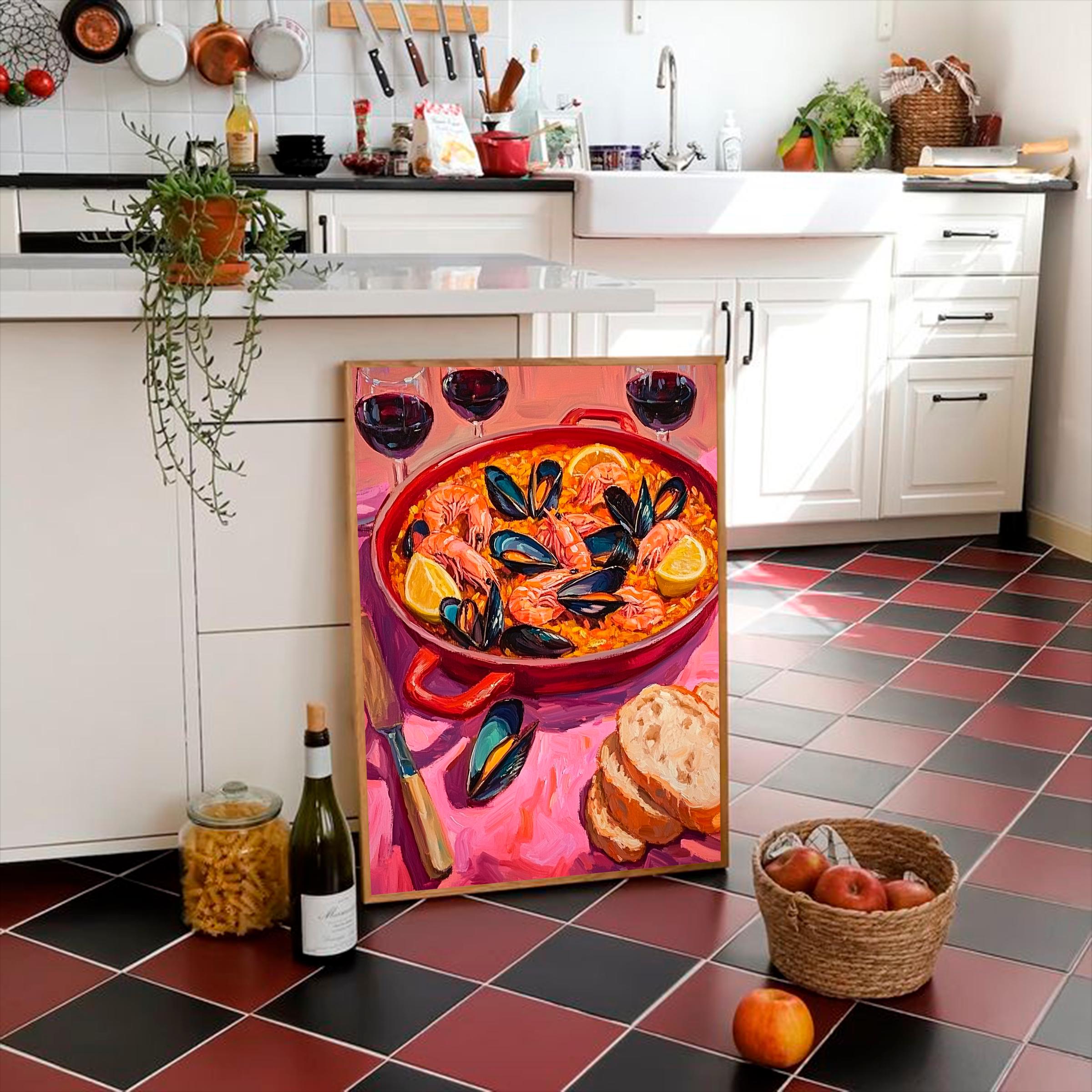 Seafood Paella Dinner Print - Kitchen Wall Decor, Wine Glasses, Spanish ...