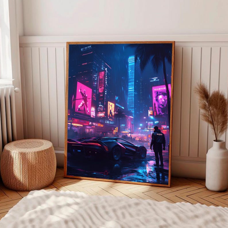 Cyberpunk City Poster, Neon Night Scene, Futuristic Car, Japanese Signs ...