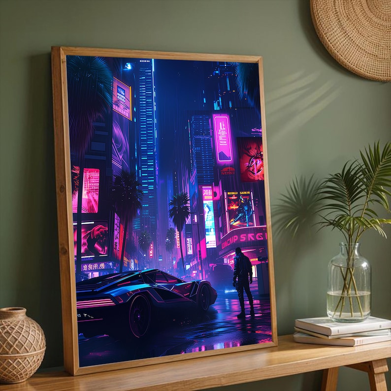 Cyberpunk City Poster, Neon Night Scene, Futuristic Car, Japanese Signs ...