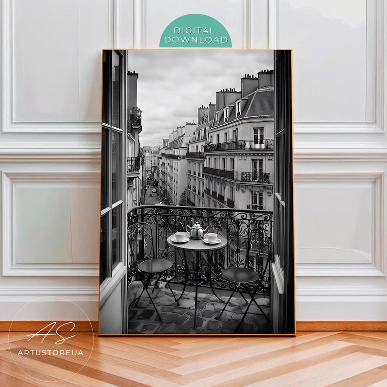 Paris Poster, Black and White Balcony View, French Vintage Art ...