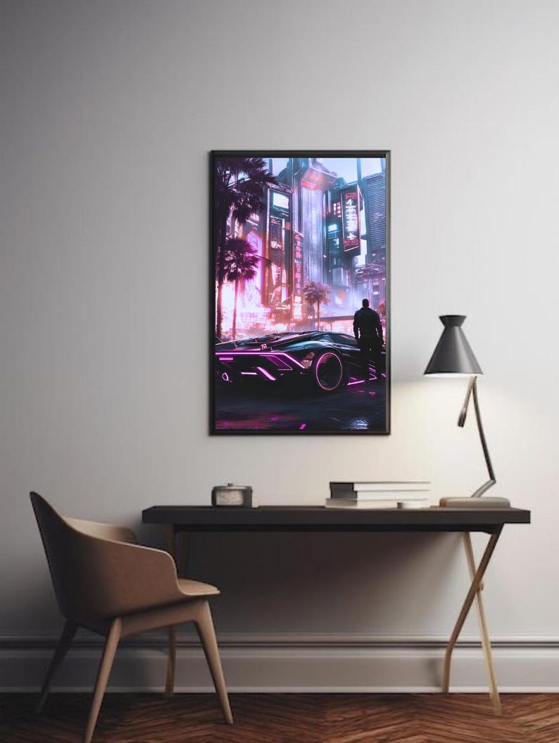 Cyberpunk City Poster Neon Night Scene Futuristic Car Japanese Signs ...
