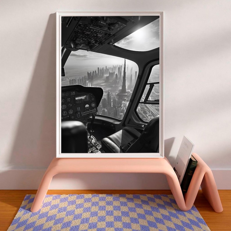 Dubai Poster - Black and White Helicopter View of Dubai Skyline Aerial ...