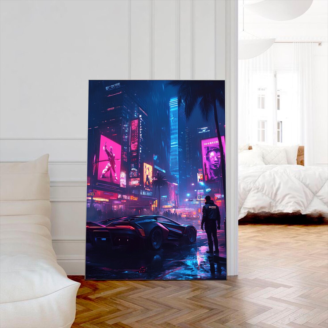 Cyberpunk City Poster, Neon Night Scene, Futuristic Car, Japanese Signs ...