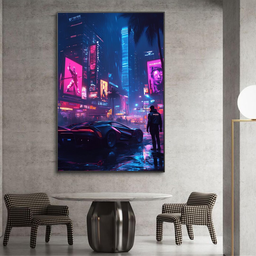 Cyberpunk City Poster Neon Night Scene Futuristic Car Japanese Signs ...