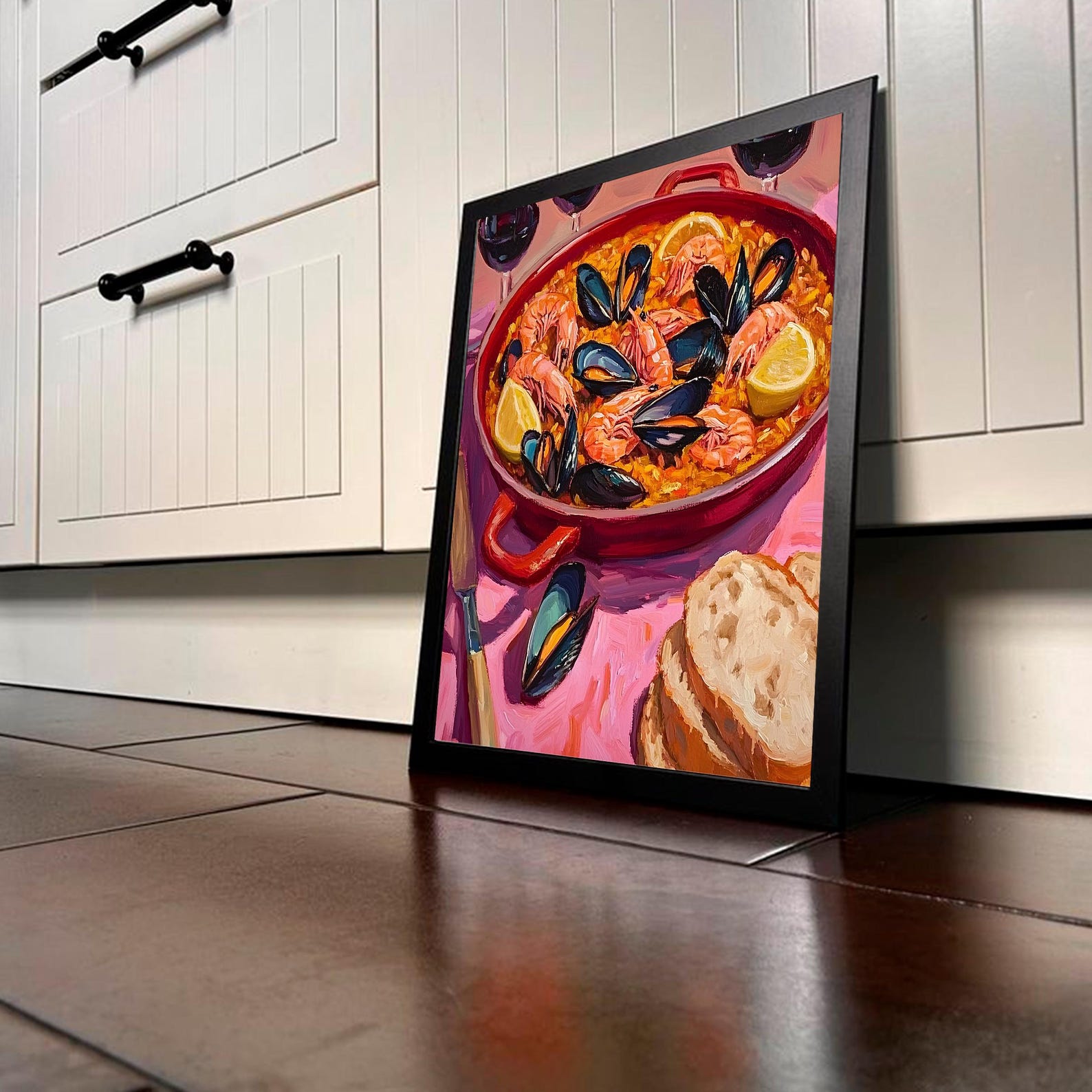 Seafood Paella Dinner Print - Kitchen Wall Decor, Wine Glasses, Spanish ...