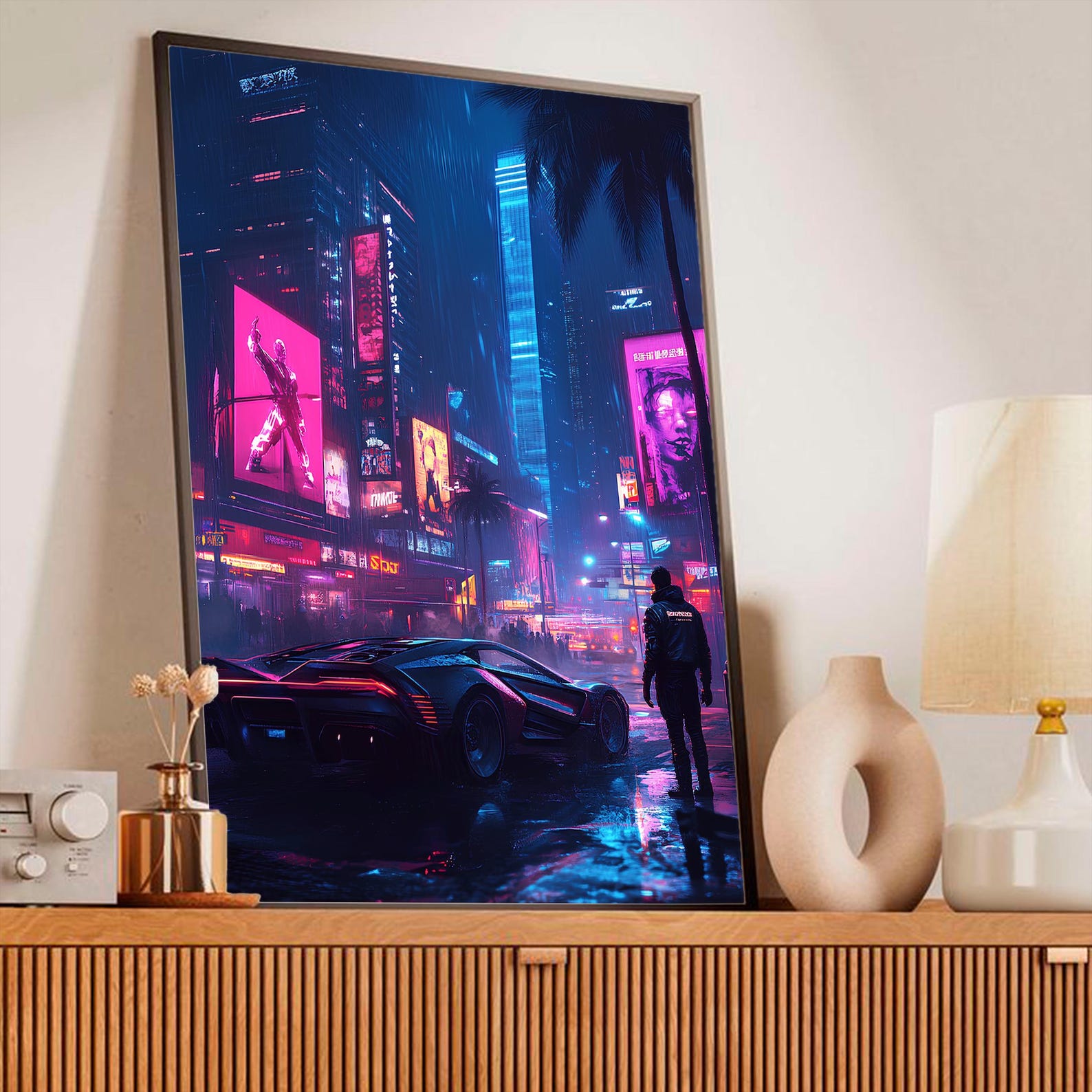 Cyberpunk City Poster, Neon Night Scene, Futuristic Car, Japanese Signs ...