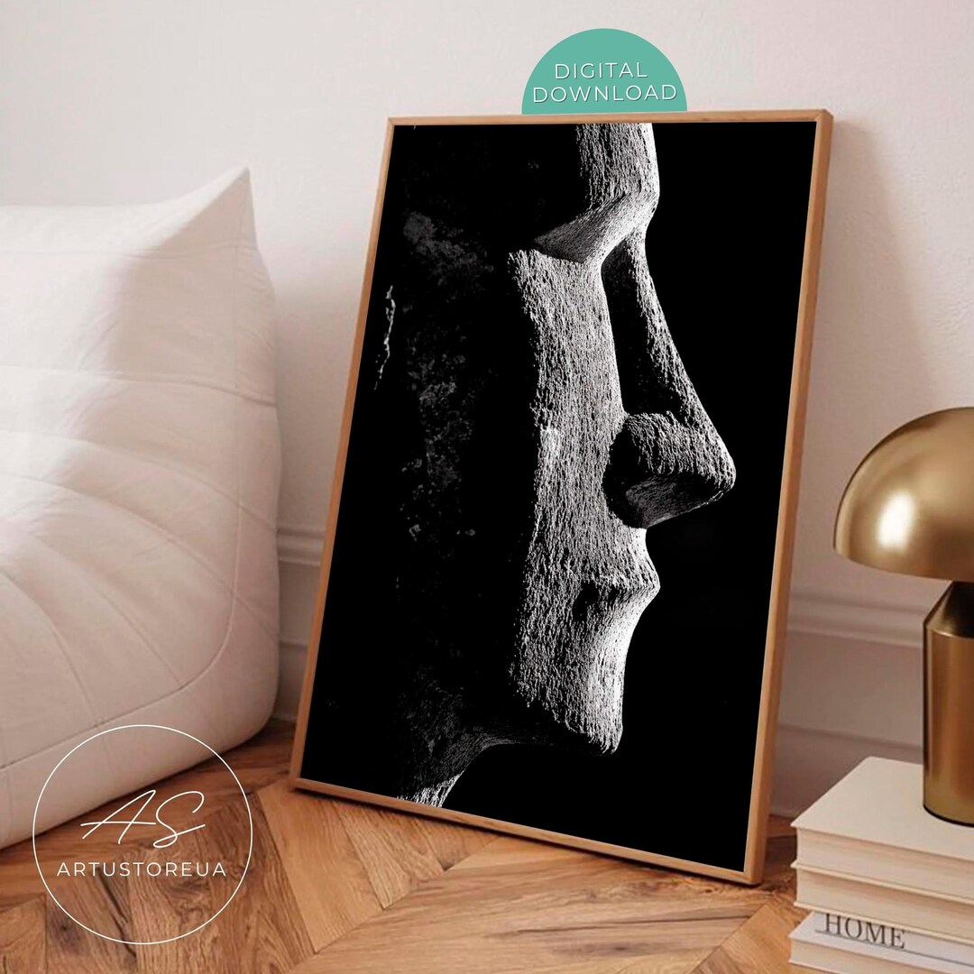 Moai Stone Face Black & White Photography Print, Moai Statue Monochrome ...