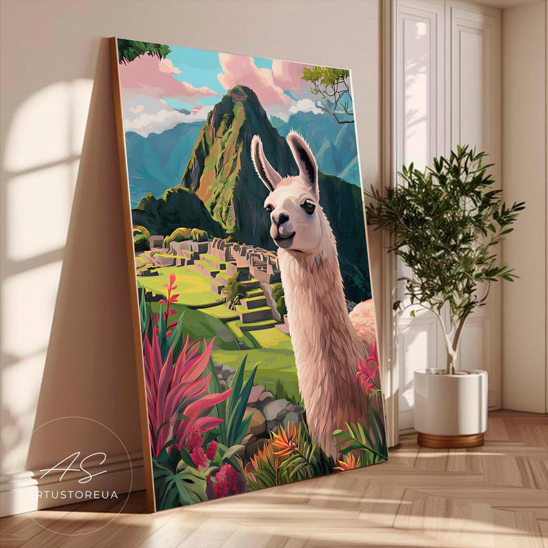 Machu Picchu Poster, Peru Mountain Art, Cute Llama Portrait Print ...
