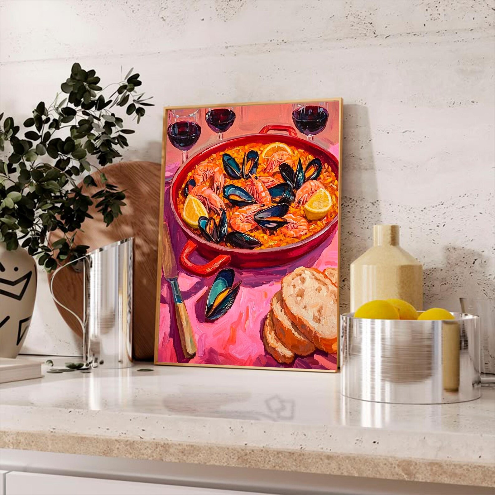 Seafood Paella Dinner Print - Kitchen Wall Decor, Wine Glasses, Spanish ...