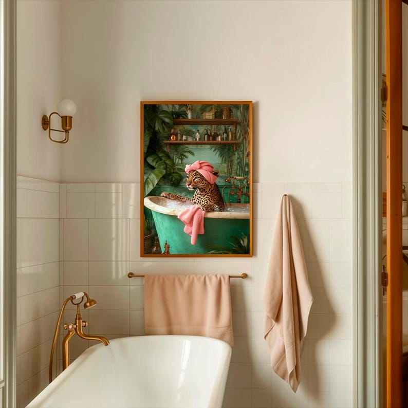 Leopard Bath Print, Jungle Bathroom Art, Pink Towel Leopard Scene ...
