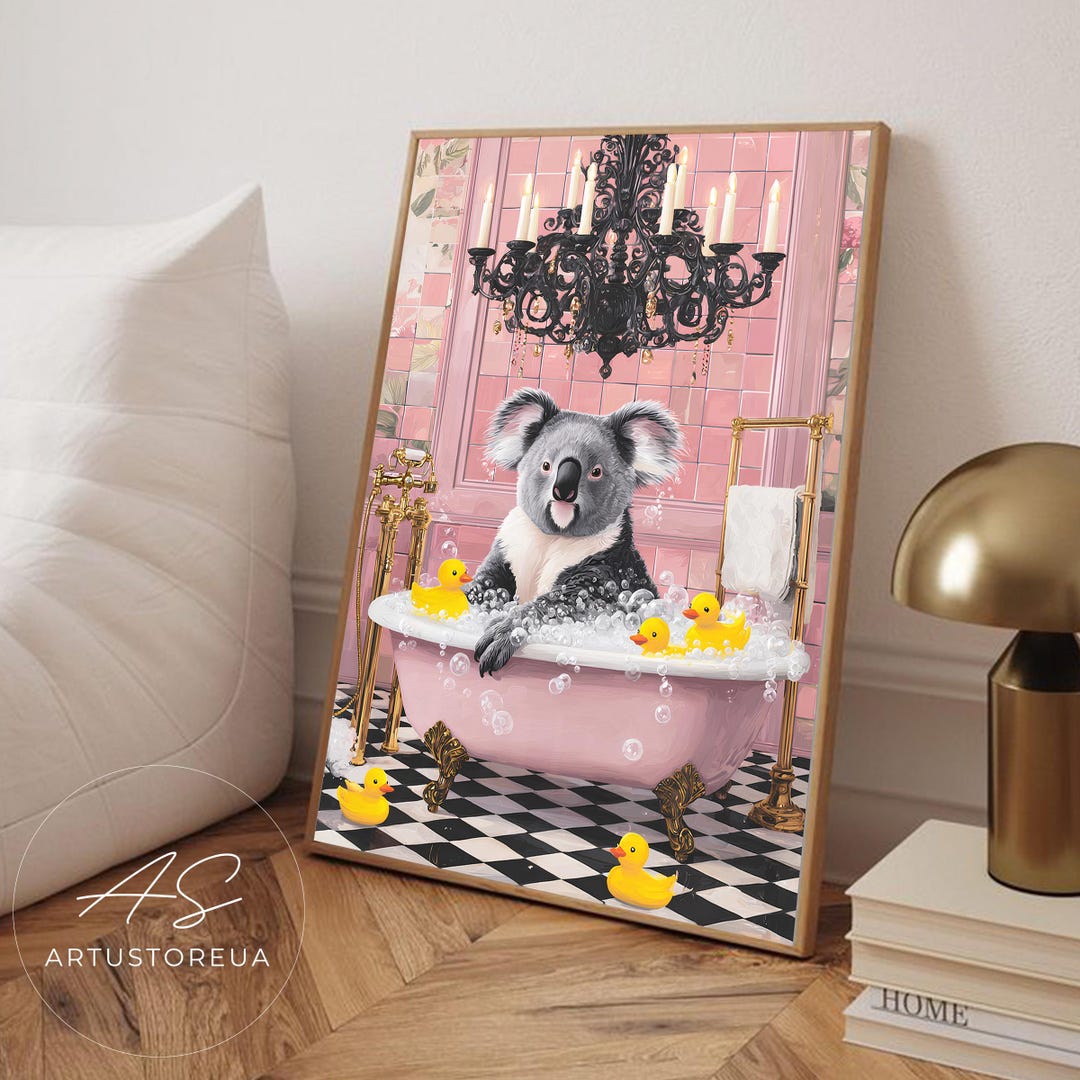 Koala Bath Print - Illustration of a Relaxed Koala Soaking in Clawfoot ...