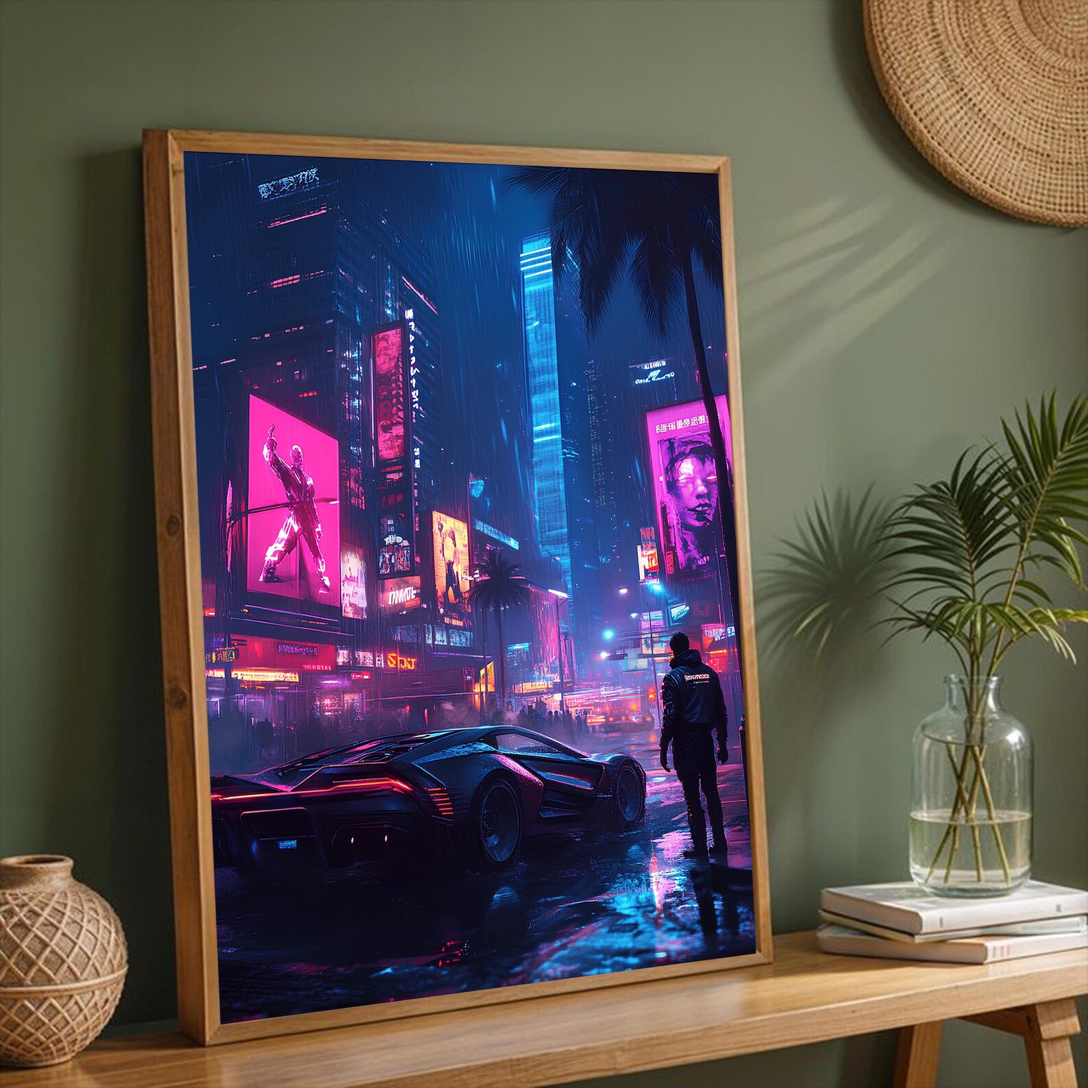 Cyberpunk City Poster, Neon Night Scene, Futuristic Car, Japanese Signs ...