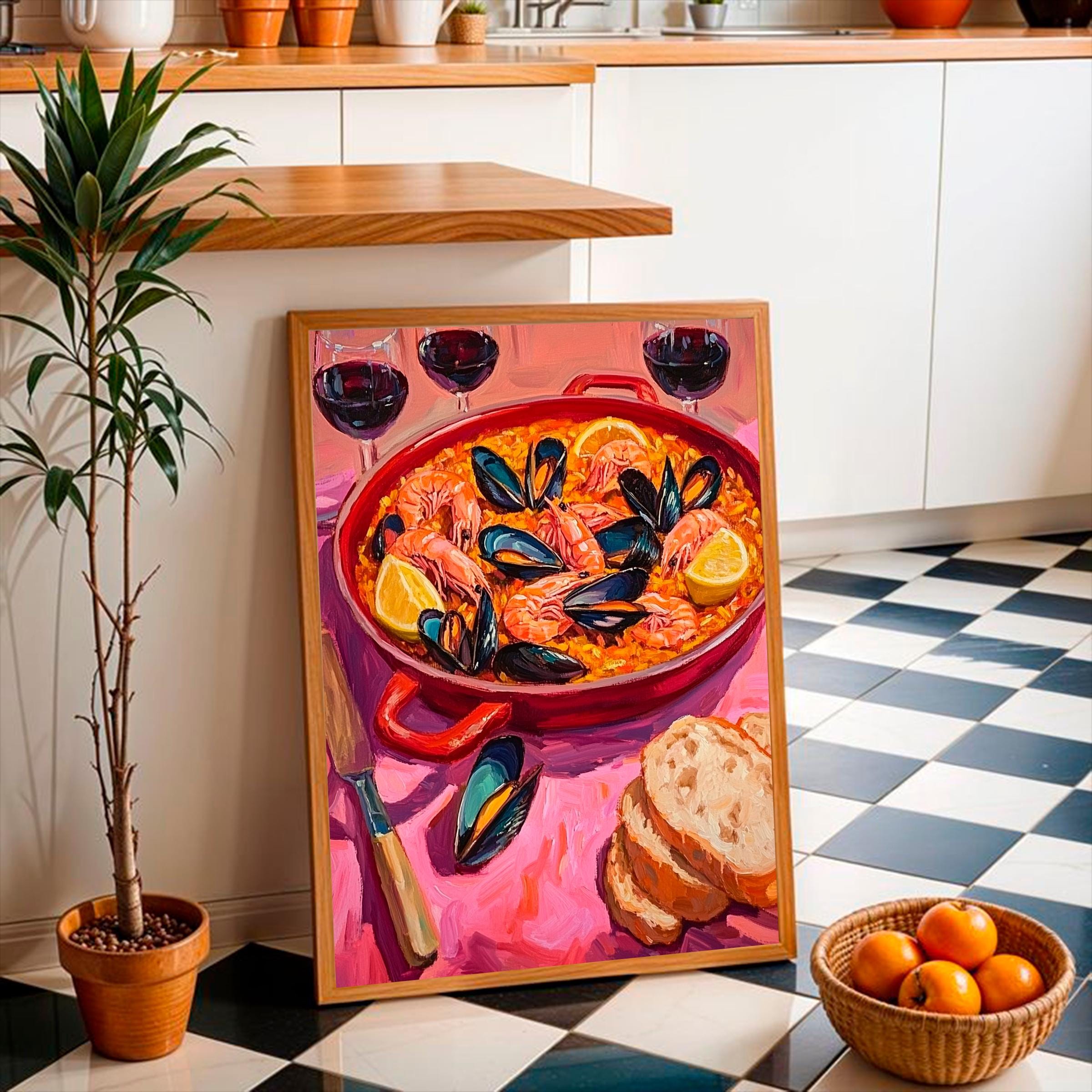 Seafood Paella Dinner Print - Kitchen Wall Decor, Wine Glasses, Spanish ...