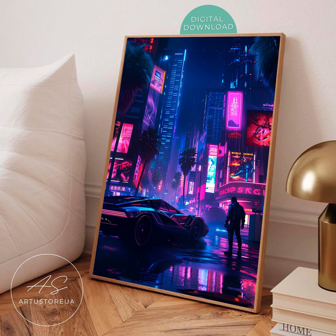 Cyberpunk City Poster, Neon Night Scene, Futuristic Car, Japanese Signs ...