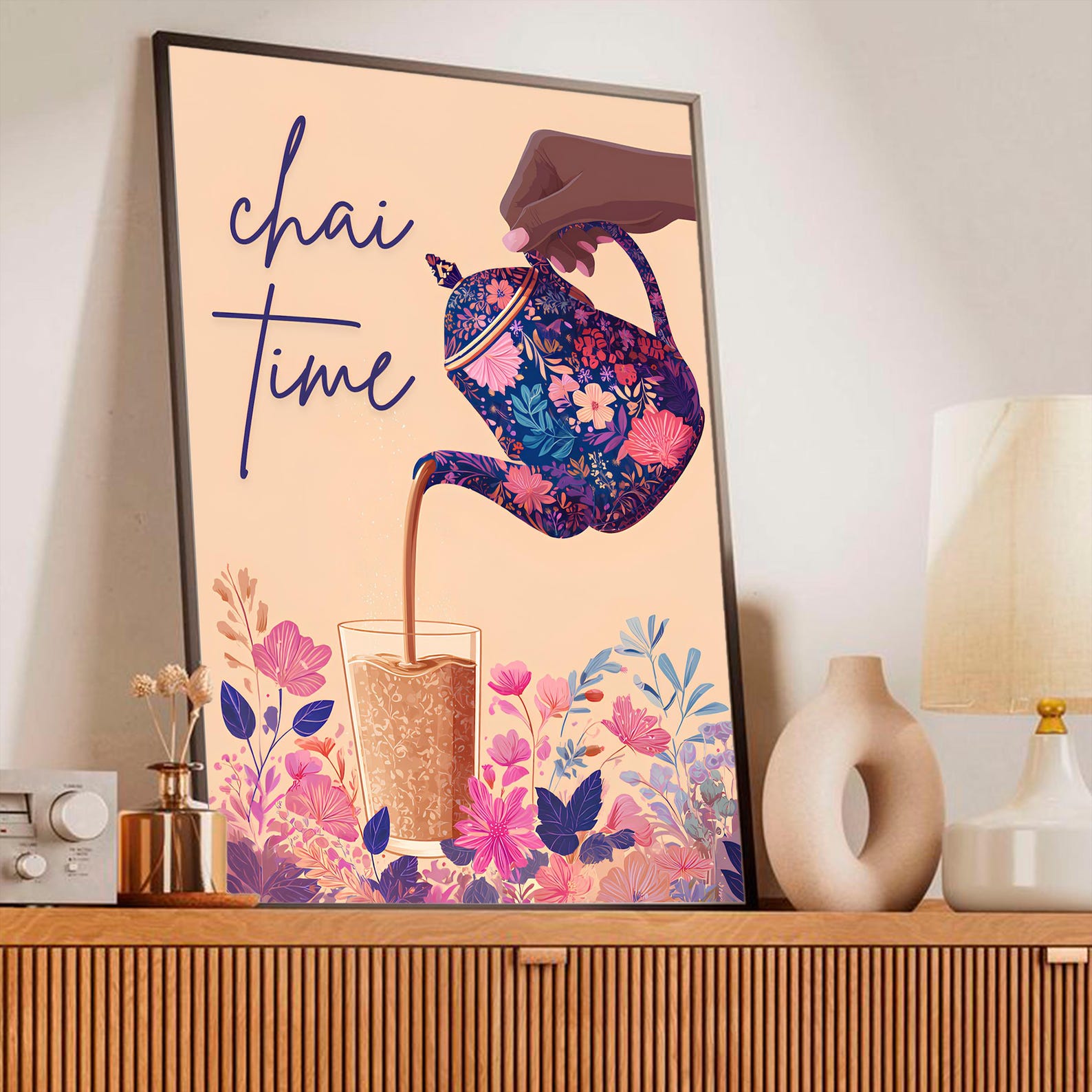 Chai Time Floral Pour Art - Indian Chai Print, Floral Teapot Poster ...
