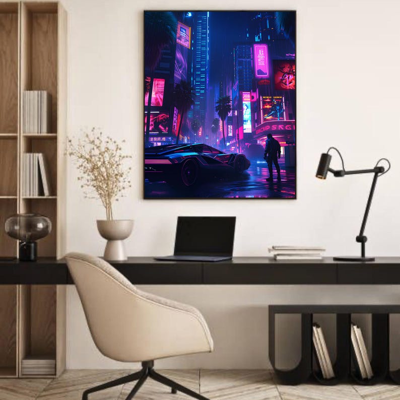 Cyberpunk City Poster, Neon Night Scene, Futuristic Car, Japanese Signs ...