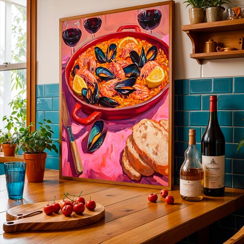 Spain Paella Poster, Seafood Kitchen Print, Mediterranean Wall Art ...
