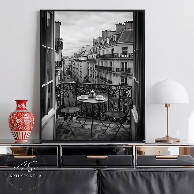 Paris Poster, Black and White Balcony View, French Vintage Art ...