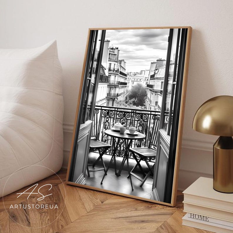 Paris Poster – Black White Balcony View, French Vintage City Scene ...