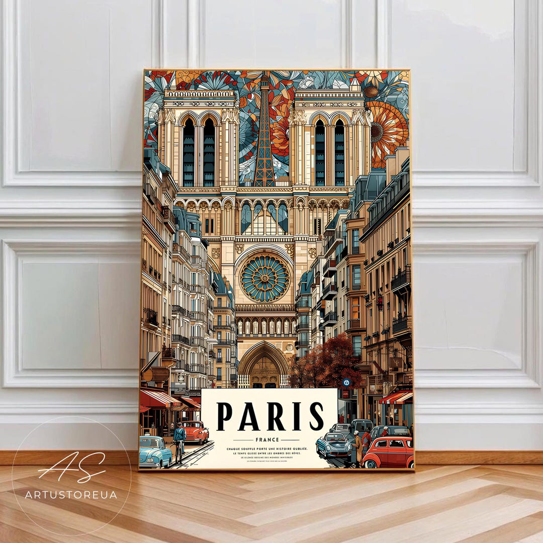 Paris Print - Vintage Paris Travel Poster With Retro Street Scene ...