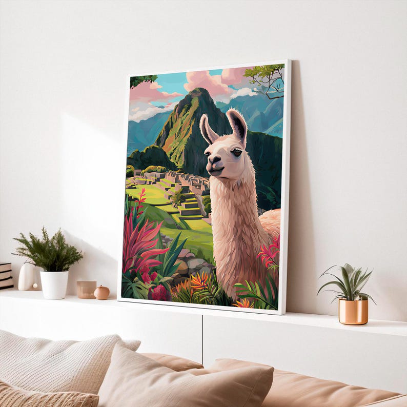 Machu Picchu Poster, Peru Mountain Art, Cute Llama Portrait Print ...