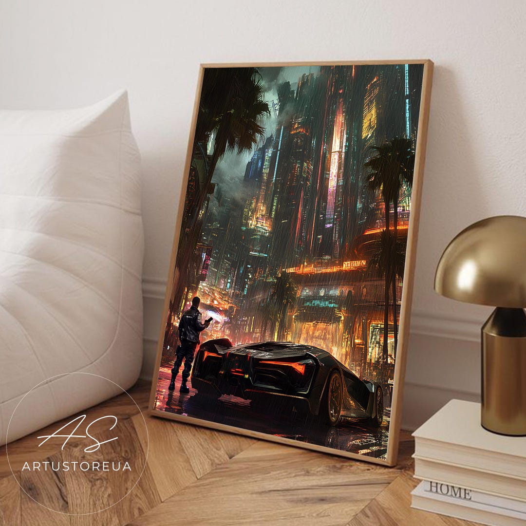 Cyberpunk City Poster Neon Night Scene Futuristic Car Japanese Signs ...