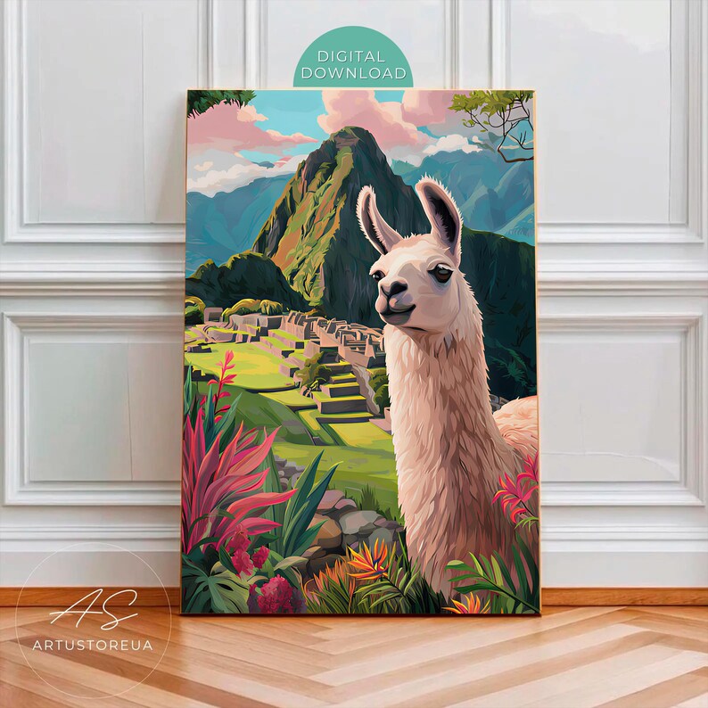 Machu Picchu Poster, Peru Mountain Art, Cute Llama Portrait Print ...