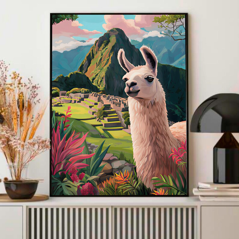 Machu Picchu Poster, Peru Mountain Art, Cute Llama Portrait Print ...