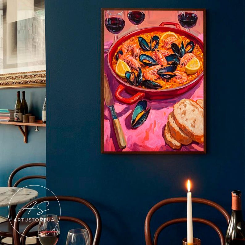 Seafood Paella Dinner Print - Kitchen Wall Decor, Wine Glasses, Spanish ...