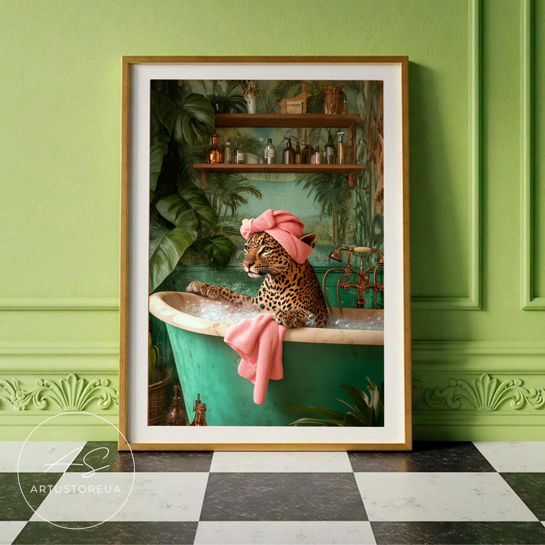 Relaxing Leopard Bath Art, Jungle Bathroom Print, Pink Towel Leopard ...